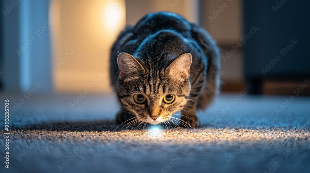 House cat stalking a laser pointer dot on the carpet, a common playful ...