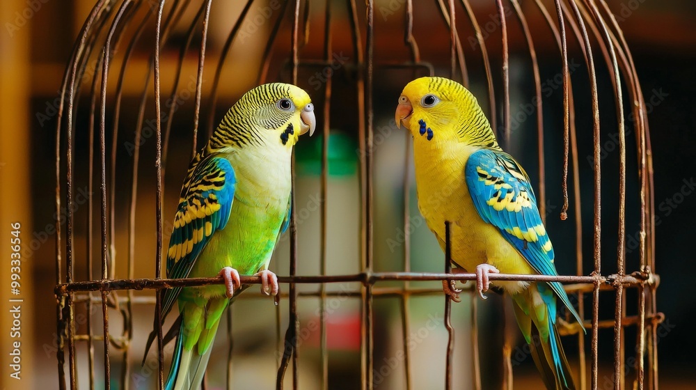 Pair of parakeets in a vibrant cage, chirping and interacting with each ...