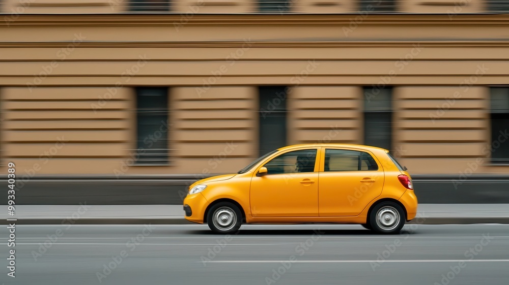 A yellow taxi driving through a busy city street, symbolizing the fast ...
