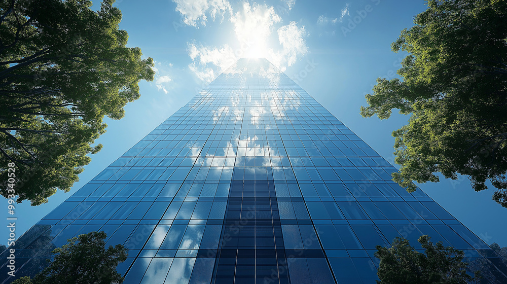 A skyscraper covered in transparent solar panels, capturing energy from ...