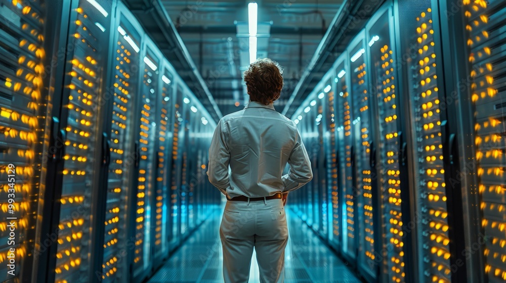 In a Data Center, a Male IT Specialist Stands Along a Row of Operational Server Racks, Checking ...