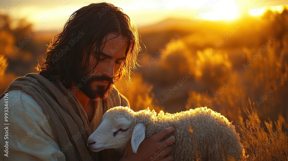 pastoral scene of jesus christ as a shepherd gently caring for a lost ...
