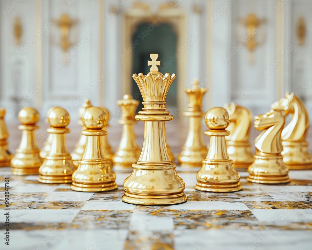 Elegant gold chess pieces displayed on a marble board, showcasing the ...