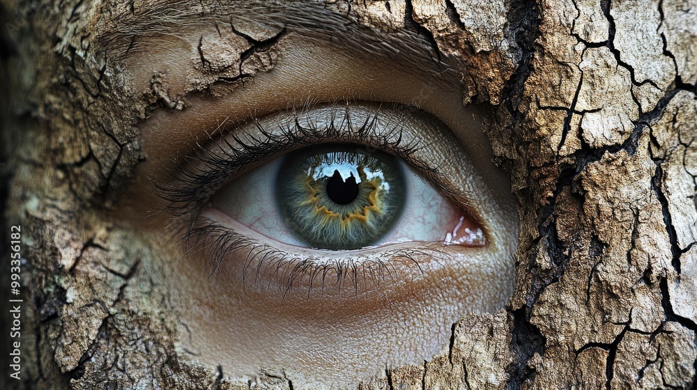 Human face featuring an open eye adorned with a texture resembling tree ...
