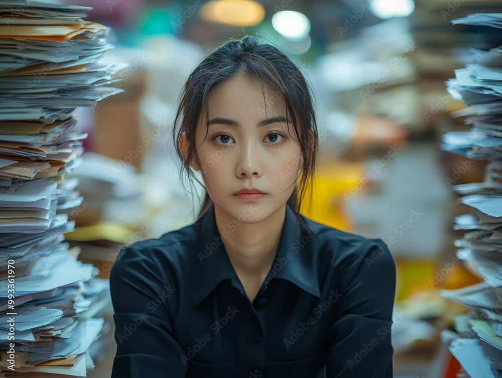 A woman in an office uniform sits with a sad expression surround with a ...