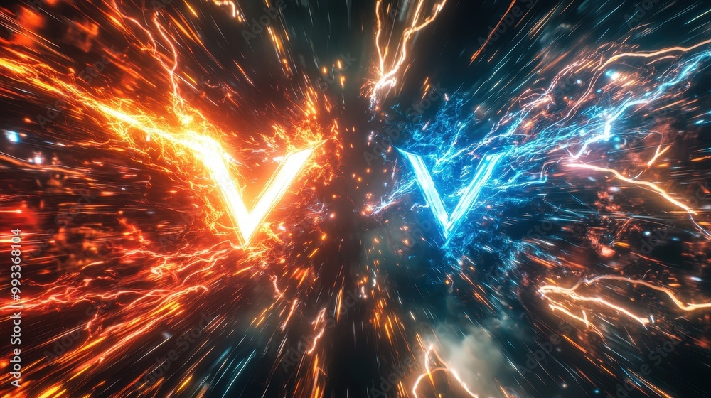 Abstract Digital Art of Fire and Ice - Glowing V Shapes with Light ...