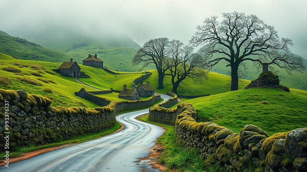 A winding, unpaved hill road stretches through a lush green landscape ...