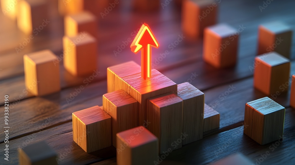 top of wooden blocks with rise up arrows, 3d bar graph chart steps ...