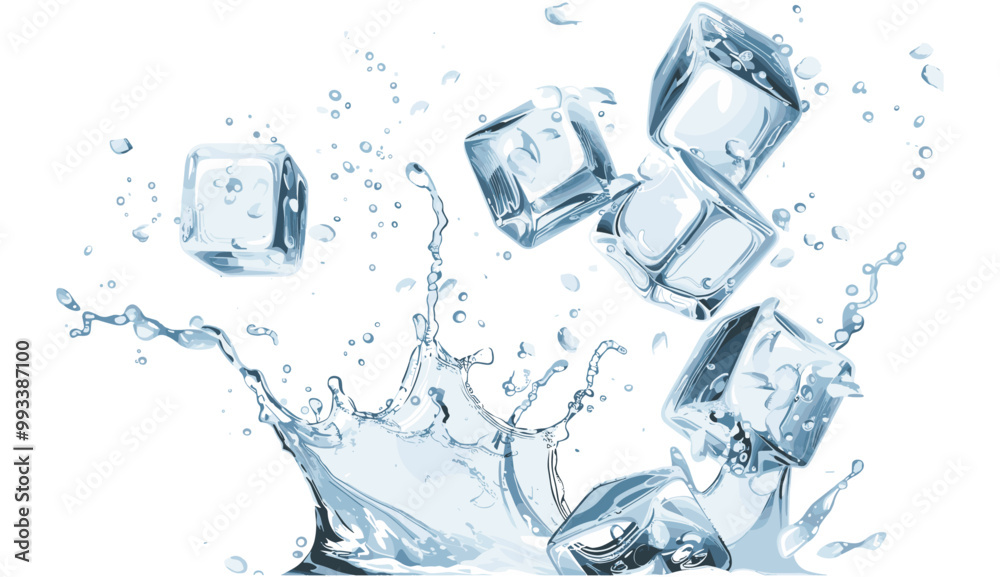 Fresh cold ice cubes splashing in transparent water, frozen ice crystal ...