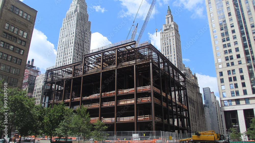 Massive steel beam supported by temporary scaffolding rises towards the ...