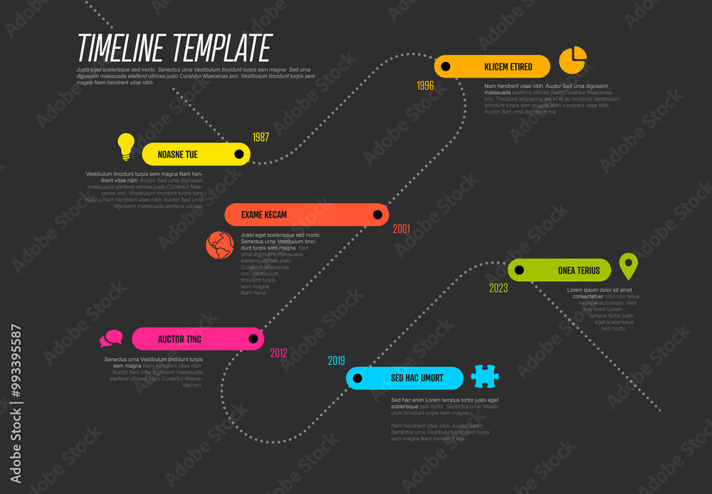 Dotted dark timeline template with thick line rainbow color steps with ...