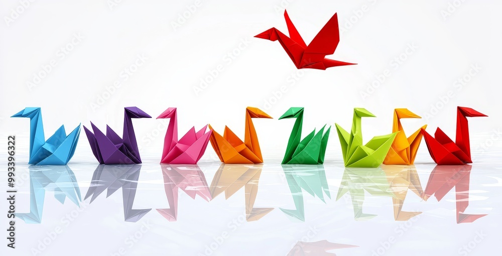 As a group of paper swans and a game changer origami bird in flight ...