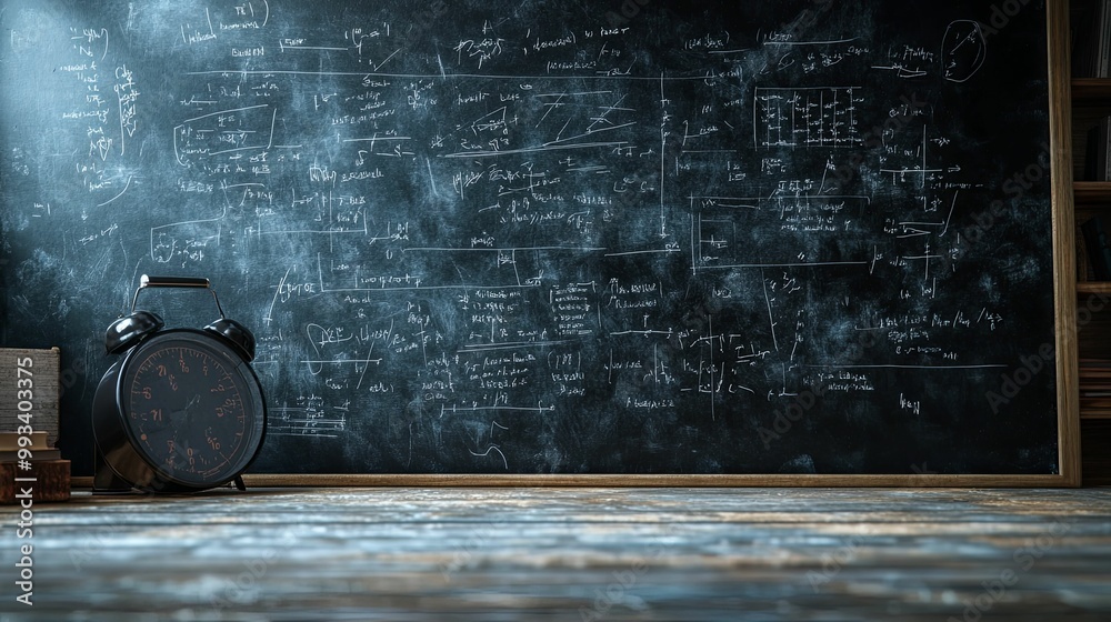 Vintage Alarm Clock in Front of a Chalkboard Covered in Notes and ...