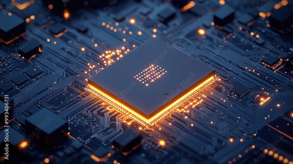 Futuristic AI chip glowing on a sleek circuit board, with a digital ...