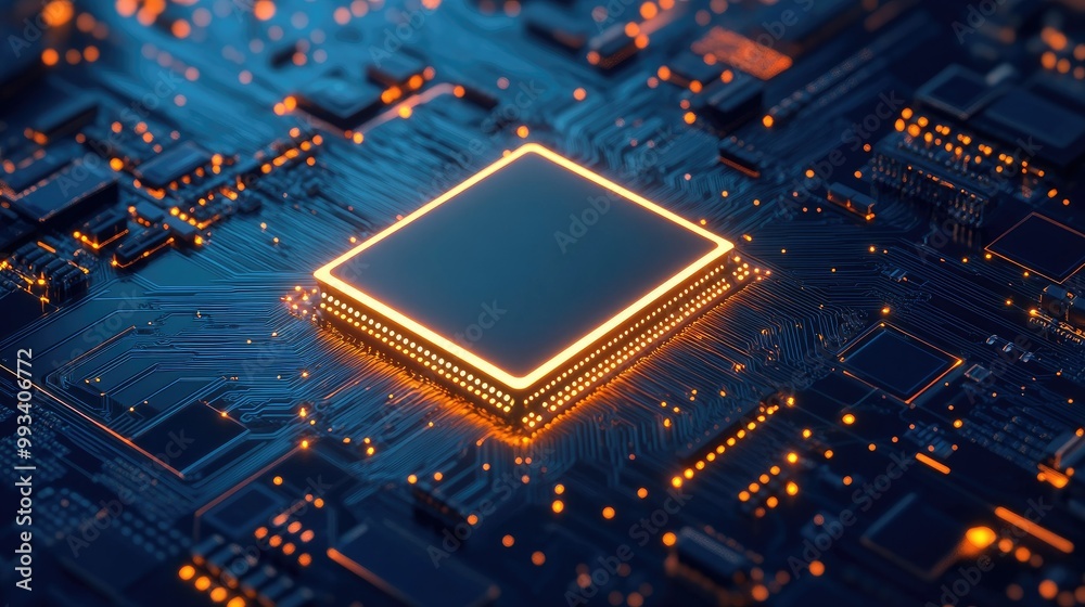 Futuristic AI chip glowing on a sleek circuit board, with a digital ...
