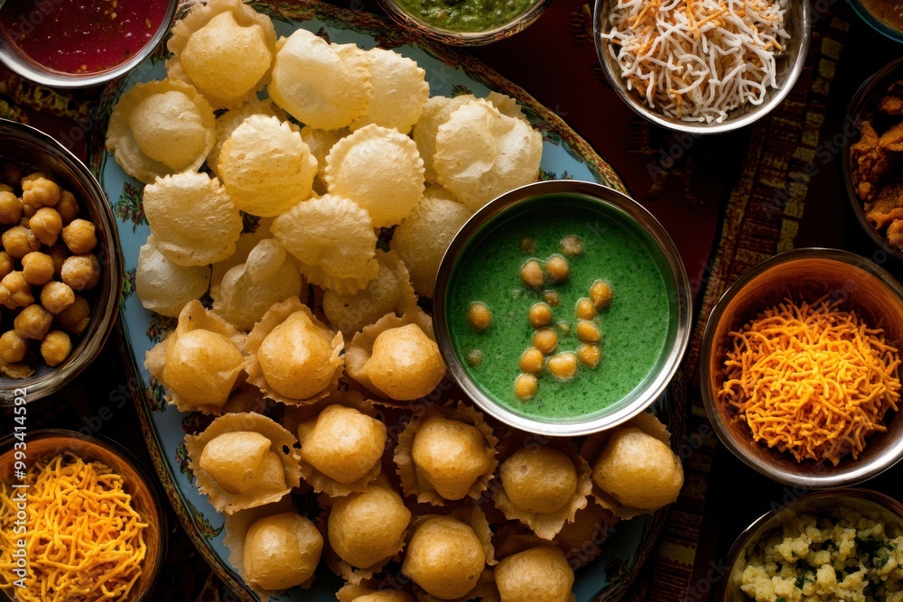 An overhead view of a pani puri platter, with crunchy puris, vibrant ...