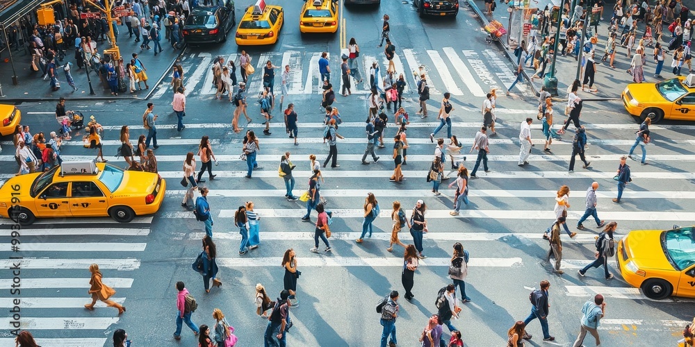 Crowds of people walking across a busy crosswalk at the intersection of ...