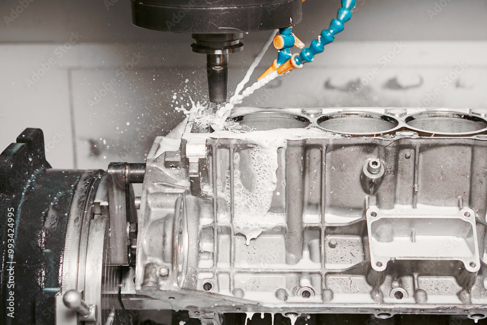 High precision cnc milling machine makes holes in the car engine with a ...