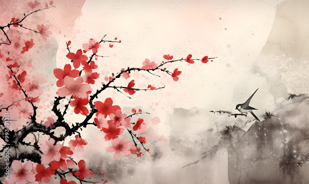Japan traditional sumi-e painting. The motif includes cherry blossom ...