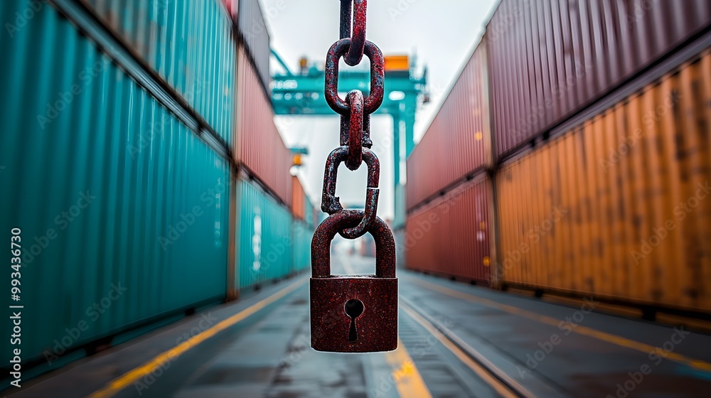 A shipping container at a port with a severed chain hanging loosely ...