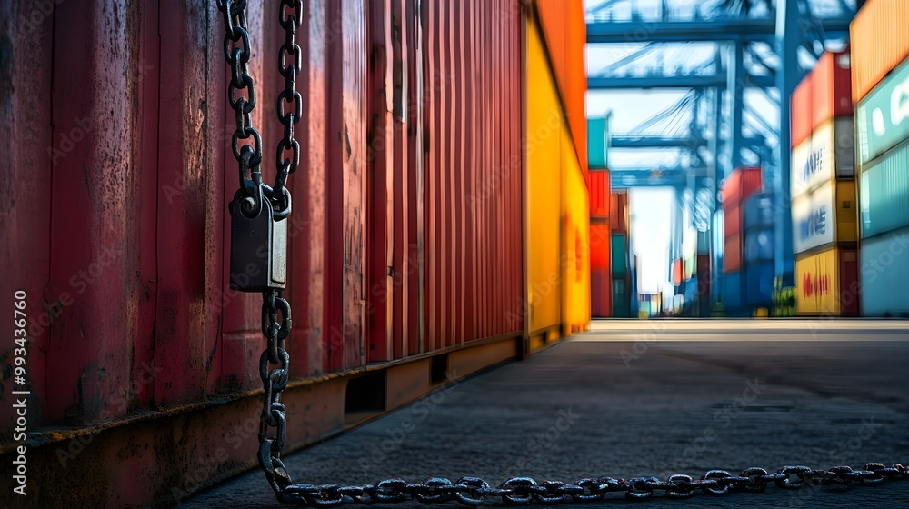 A shipping container at a port with a severed chain hanging loosely ...