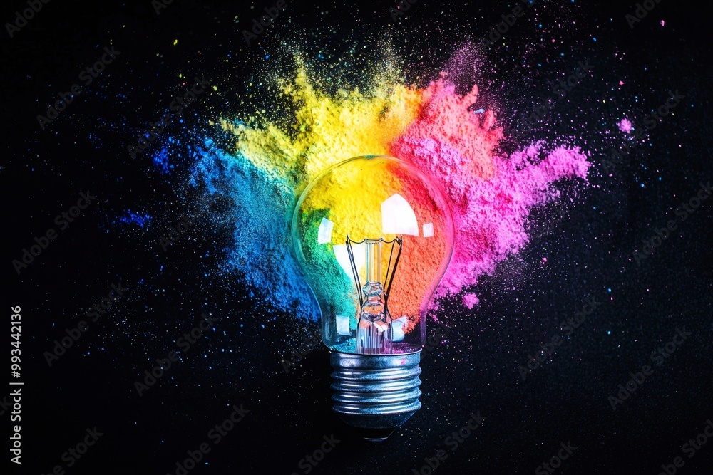 Paint splatter and shards of glass explode on a black background as a creative light bulb is ...
