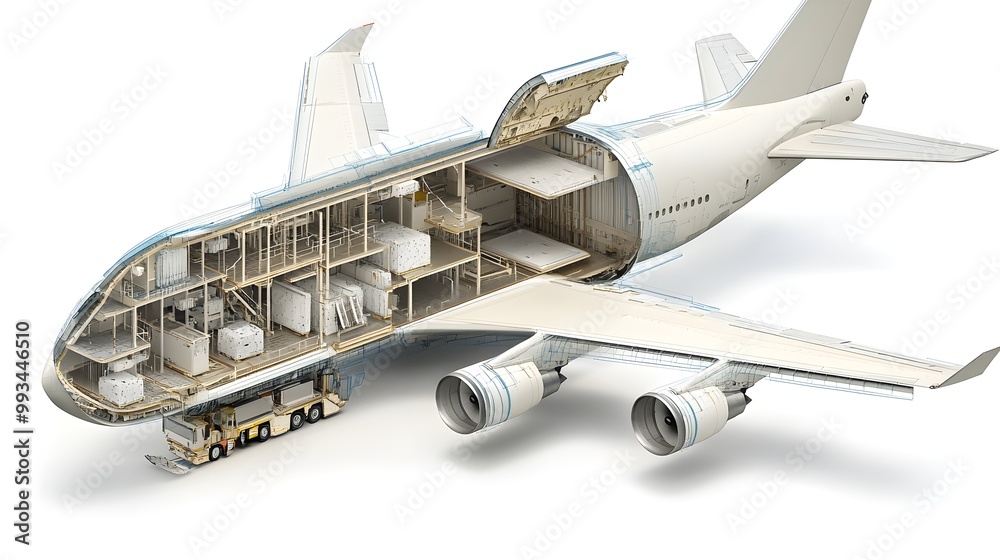 A cross-sectional view of a cargo aircraft, highlighting various ...