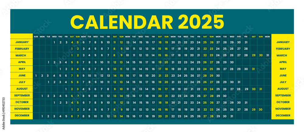 Linear calendar for 2025. Horizontal or Landscape orientation grid 2025 ...