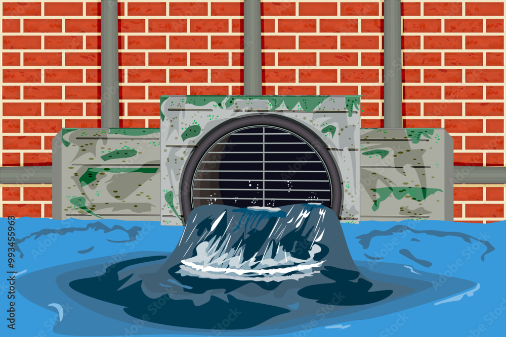 Wastewater,dirty water and pipe on brick wall background.Sewer system ...