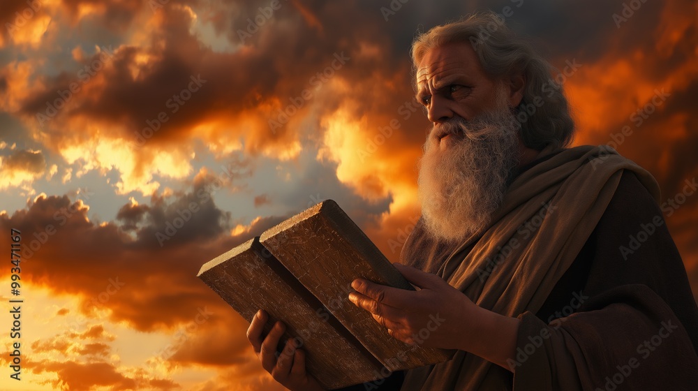 Biblical Moses, photo realistic, with larger ten commandment stone ...