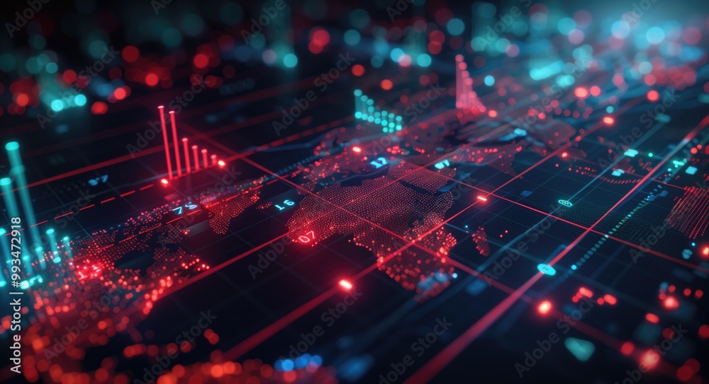 An advanced stock market chart with candlestick patterns and global map ...