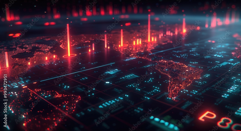 An advanced stock market chart with candlestick patterns and global map ...
