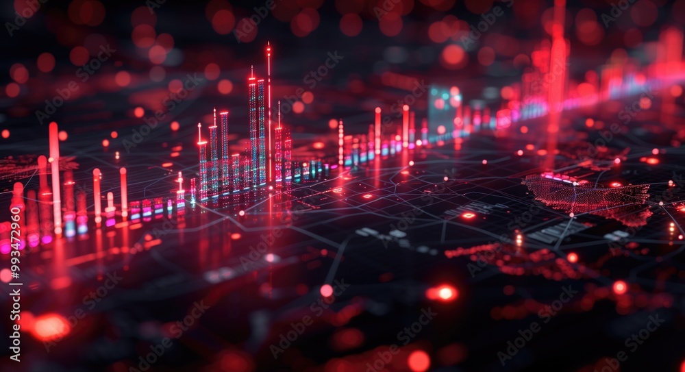 An advanced stock market chart with candlestick patterns and global map ...