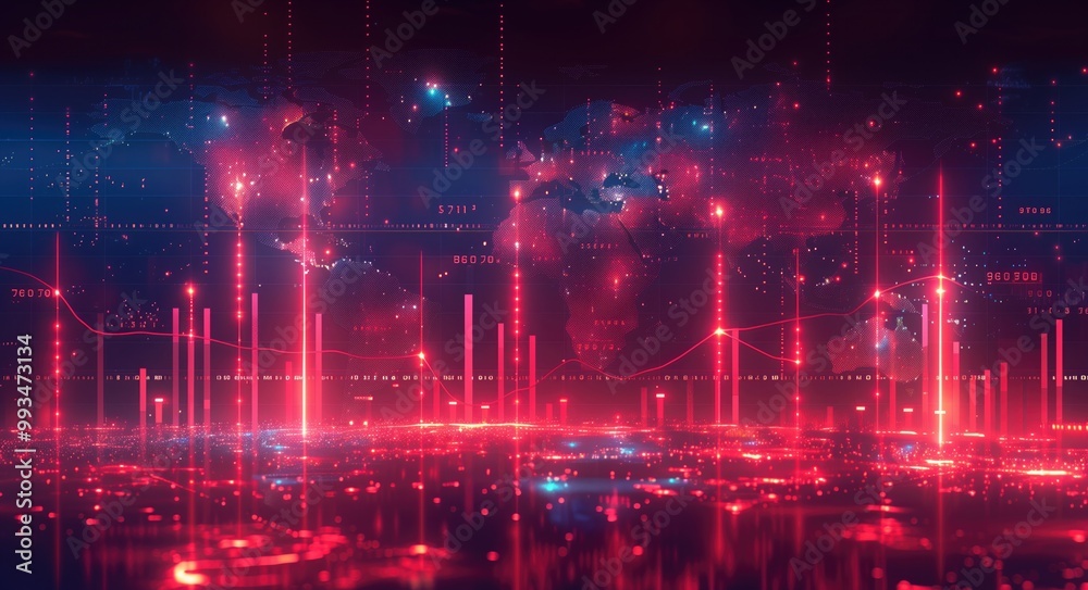 An advanced stock market chart with candlestick patterns and global map ...