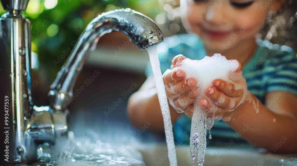 Hygiene Education: Close-up of Child Washing Hands with Soap and Water ...