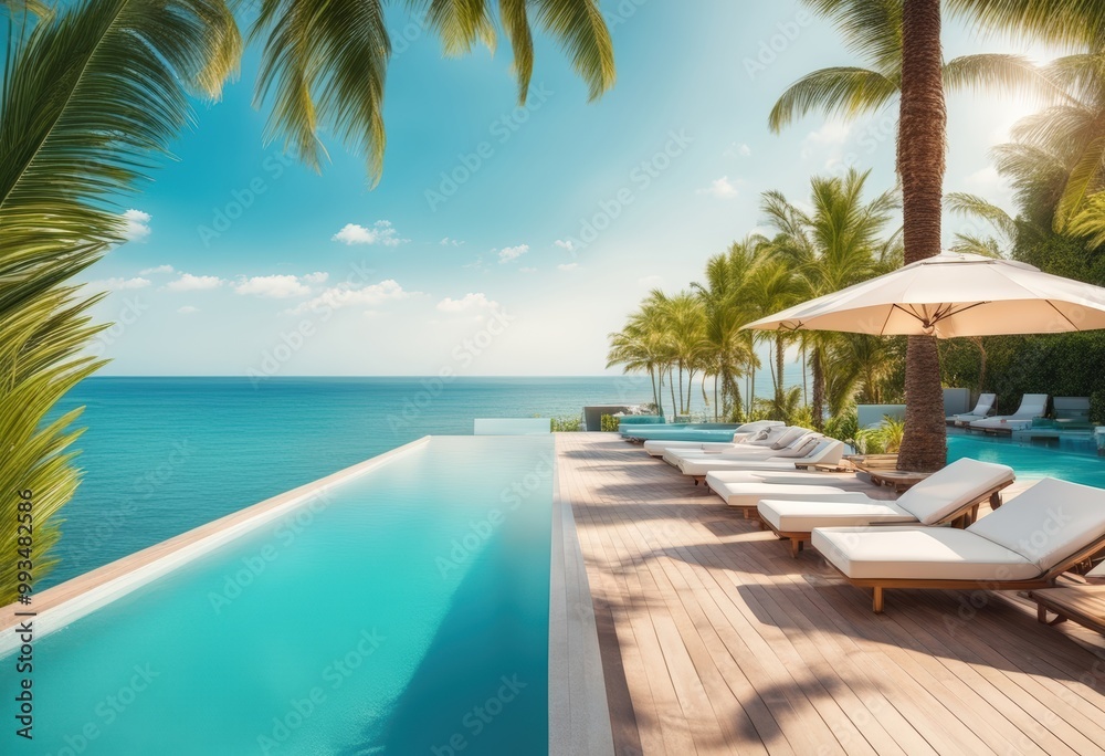 Terrace with sunbeds and swimming pool with clear blue water with stunning sea view and sky ...