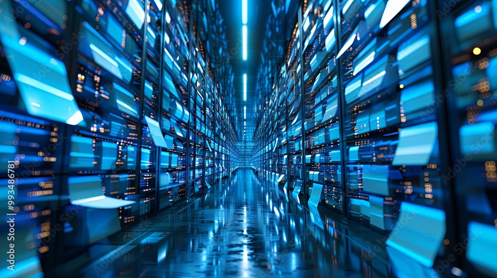 A high-tech futuristic server room with endless rows of servers ...