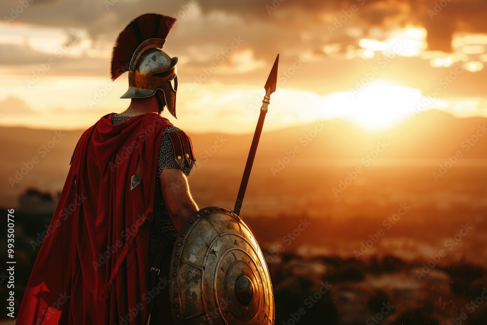Spartan warrior in red cloak and iron helmet holding spear, shield and ...