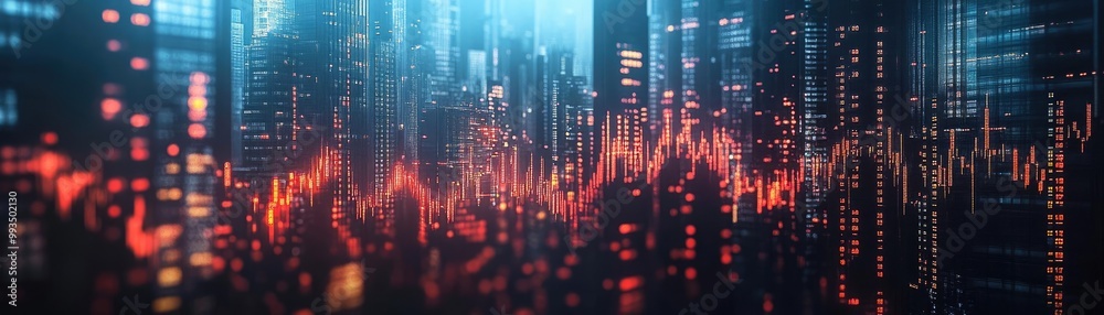 Long shot of a crumbling city skyline, juxtaposed with glowing stock ...