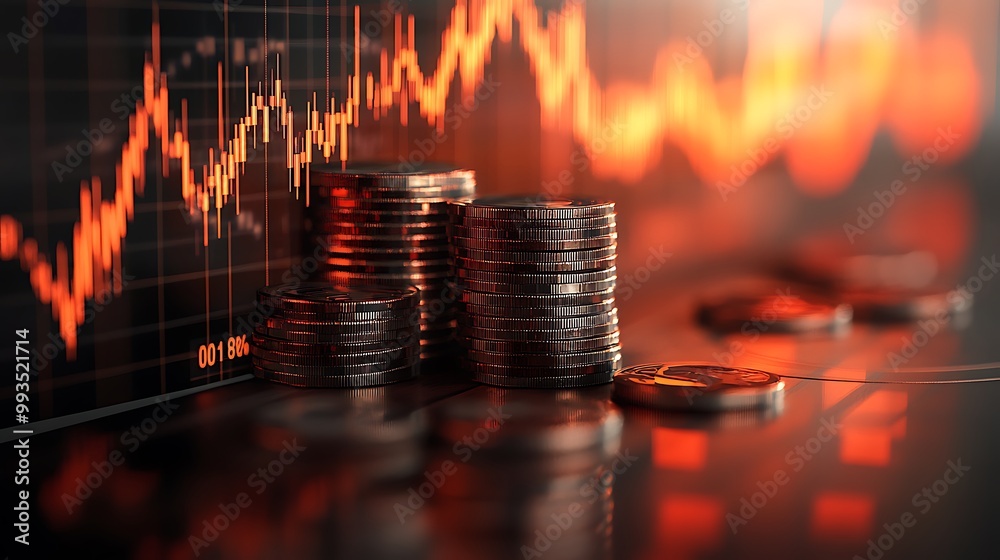 Coin Tower Next to Stock Graphs A towering pile of coins standing ...