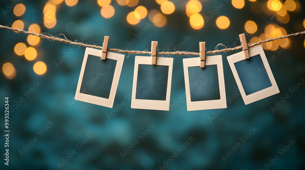 Blank polaroid photos hanging on clothesline with wooden clothespins ...