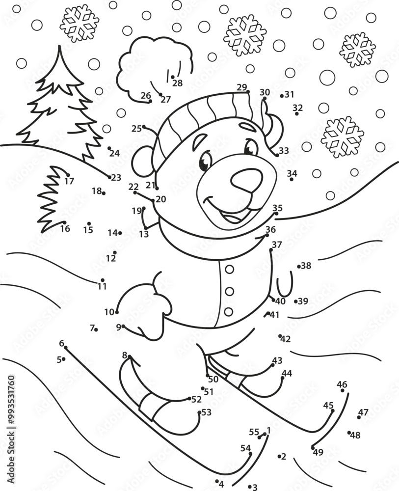 Connect the dots. Bear skiing. Coloring page outline of the cartoon ...