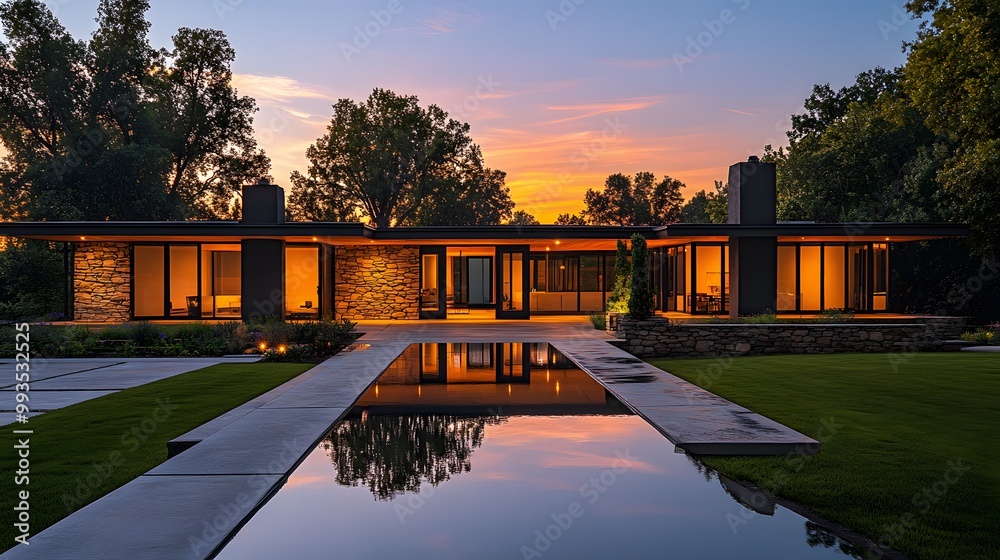 Mid-century modern ranch house with symmetrical design, large windows ...