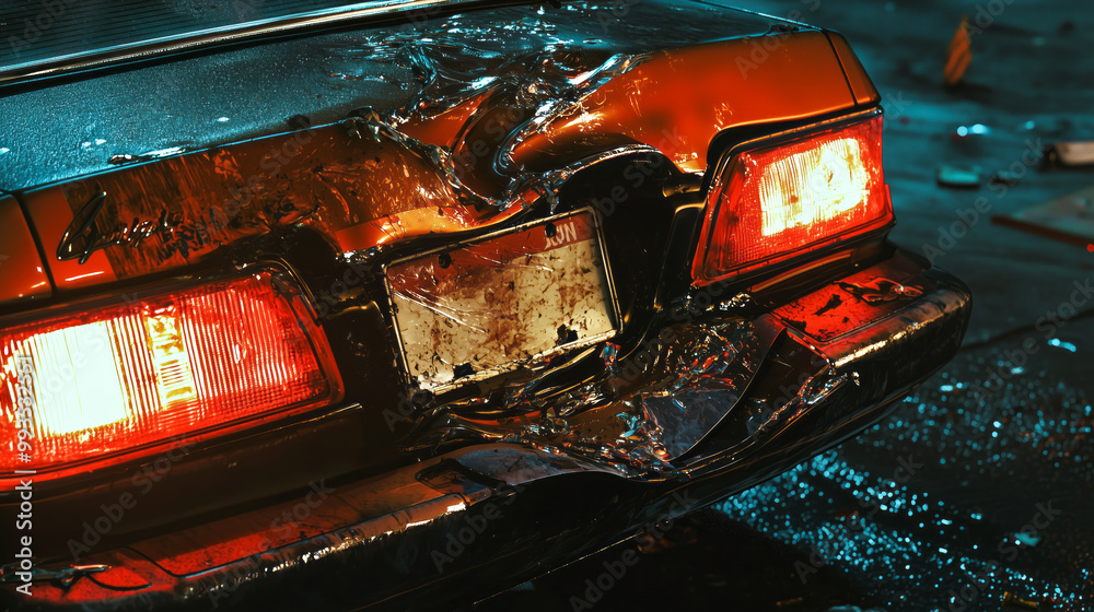 Crumpled Rear Bumper with License Plate and Broken Taillights. Stock ...