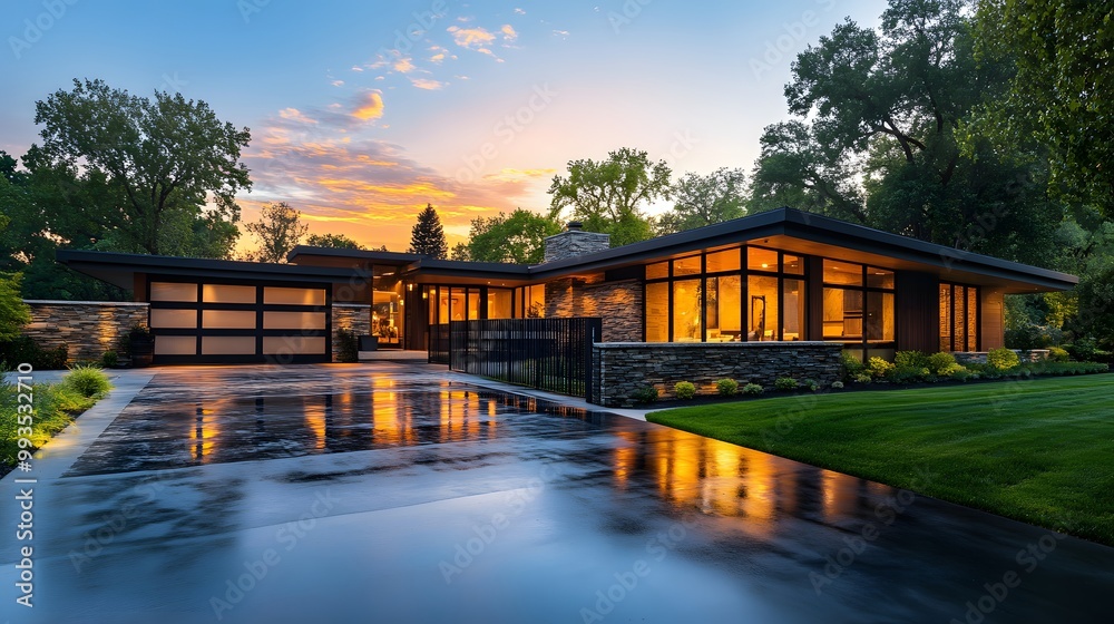 Mid-century modern ranch house with symmetrical design, large windows ...