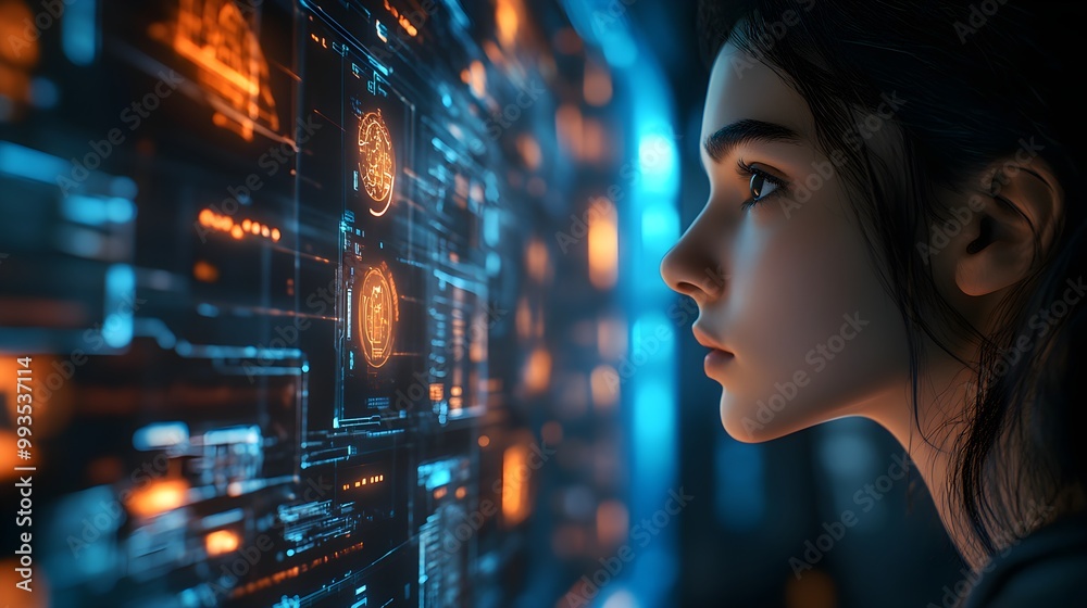 Female IT specialist in a dark futuristic room, immersed in augmented reality cyber security ...