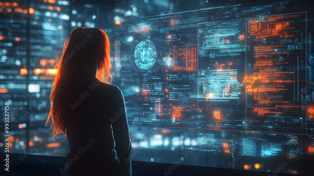 Female IT specialist in a dark futuristic room, immersed in augmented reality cyber security ...