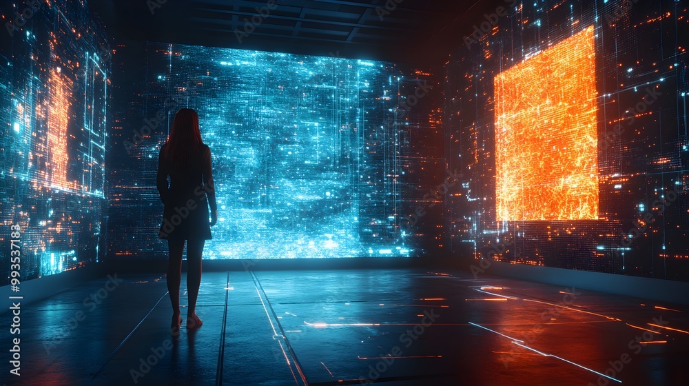 Female IT specialist in a dark futuristic room, immersed in augmented ...