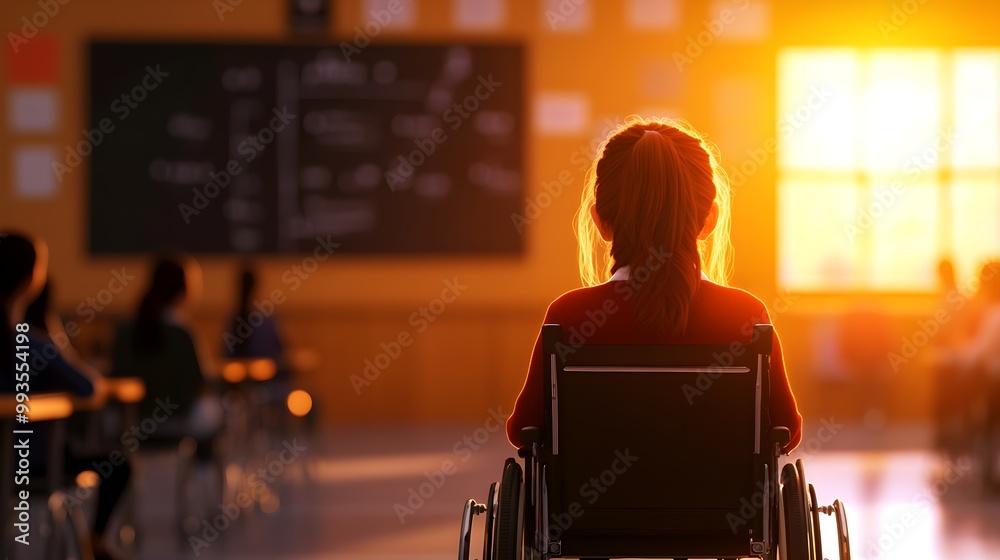 Happy disabled schoolgirl in a wheelchair, smiling in a bright ...