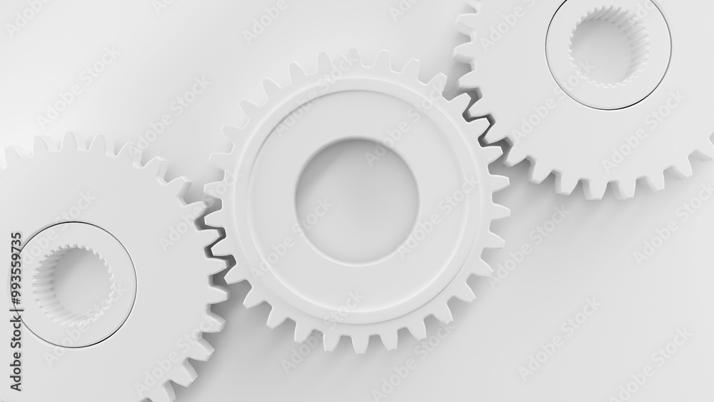 3 Cog wheel white gears Circle Gears working . white . Top view Stock ...